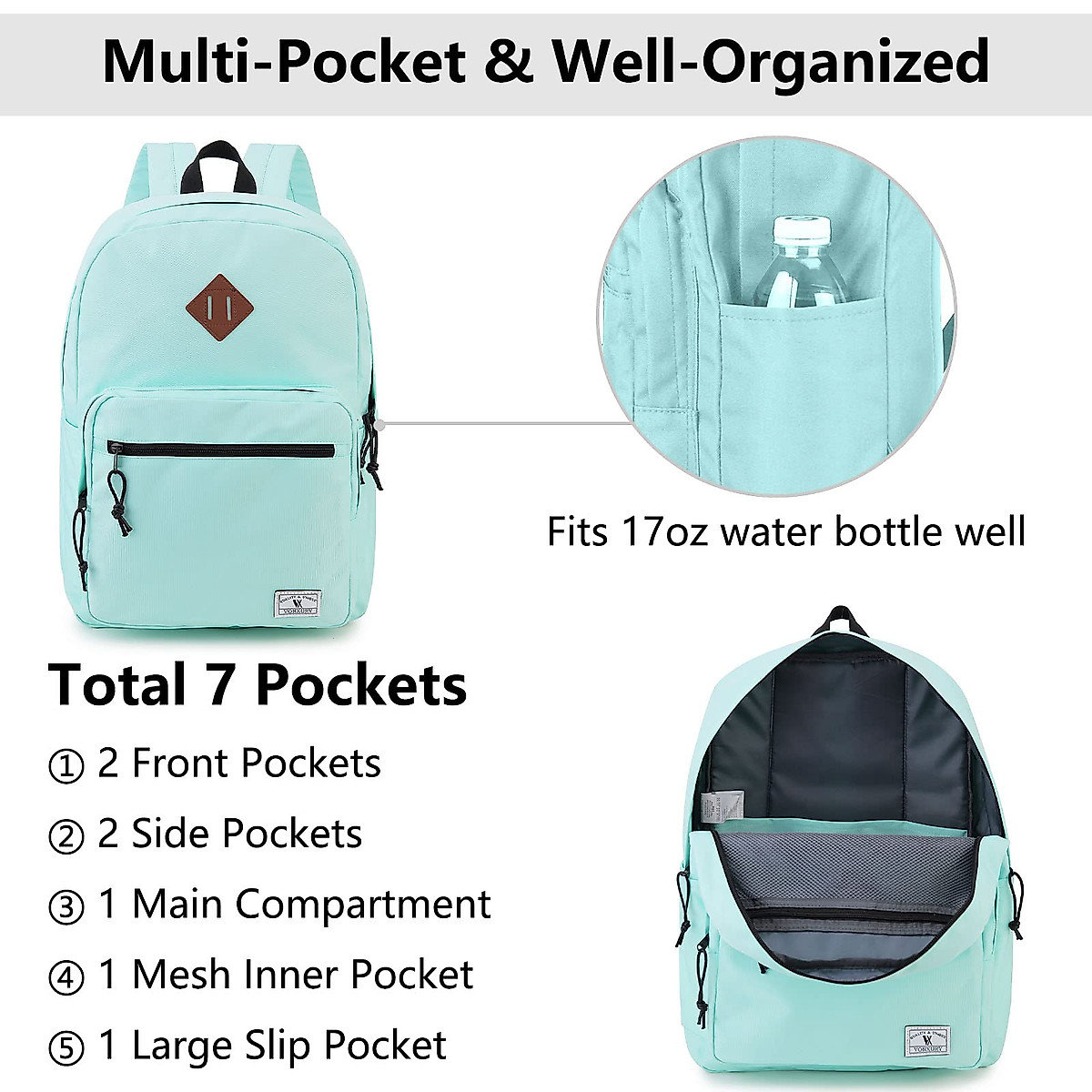 School Backpack,VONXURY Classic Lightweight Water Resistant Causal Daypack for Teens Boys Girls(Mint Green)