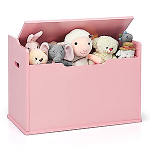 Costzon Kids Wooden Toy Chest, Wide Toy Box Storage Chest with Bench Seat, Toy Storage Trunk Case with Finger-Pinch Prevention, Lift-Top Foot Rest Seat for Toddler Bedroom Playroom Entry (Pink)