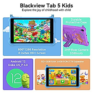 Blackview Tablet Kids, Android 12 Tablets for Toddlers, 5GB(3+2) RAM 64GB ROM 1TB TF, 5580mAh 1280 * 800 with Eyes Protection, Dual Speakers WiFi Tablet for Children, Purple