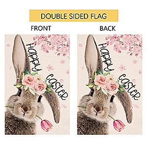 Easter Bunny Garden Flag 12x18 Vertical Double Sided Gray Rabbit Spring Floral Tulip Farmhouse Holiday Outside Decorations Burlap Yard Flag BW278