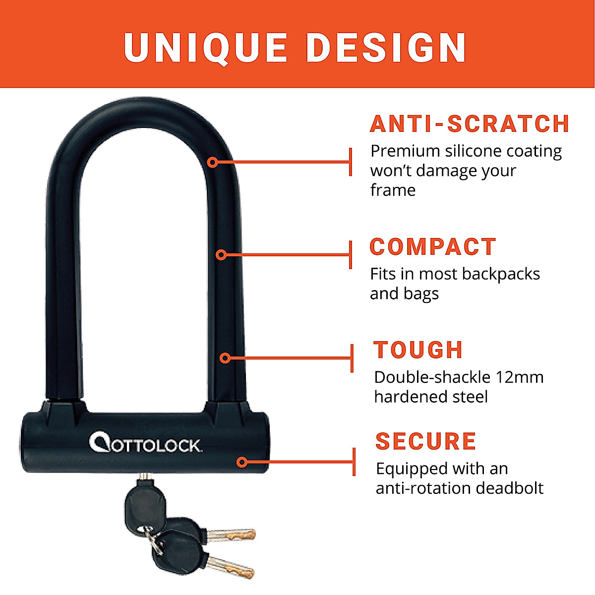 OTTOLOCK Sidekick Compact U-Lock | Lightweight Silicone-Coated Bike Lock (Black)