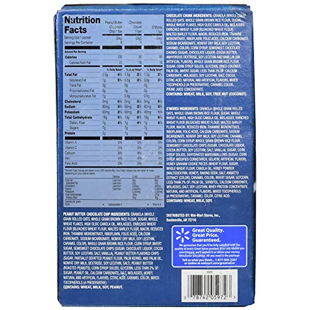 Great Value Chewy Variety Pack Granola Bars Value Pack, 0.84 oz, 24 Count