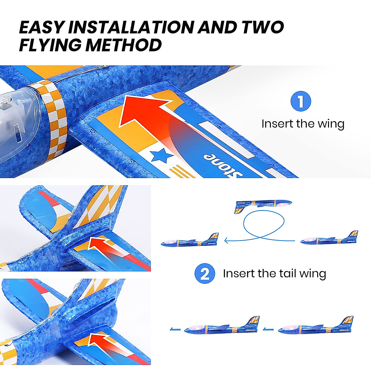 EagleStone Airplane Toy 2 Pack LED Foam Airplane for Kids Large Throwing Foam Plane 2 Flight Mode Glider Plane Flying Toys with 2 Sticker Styrofoam Airplanes for Boys&Girls Age 3 or Above Best Gift
