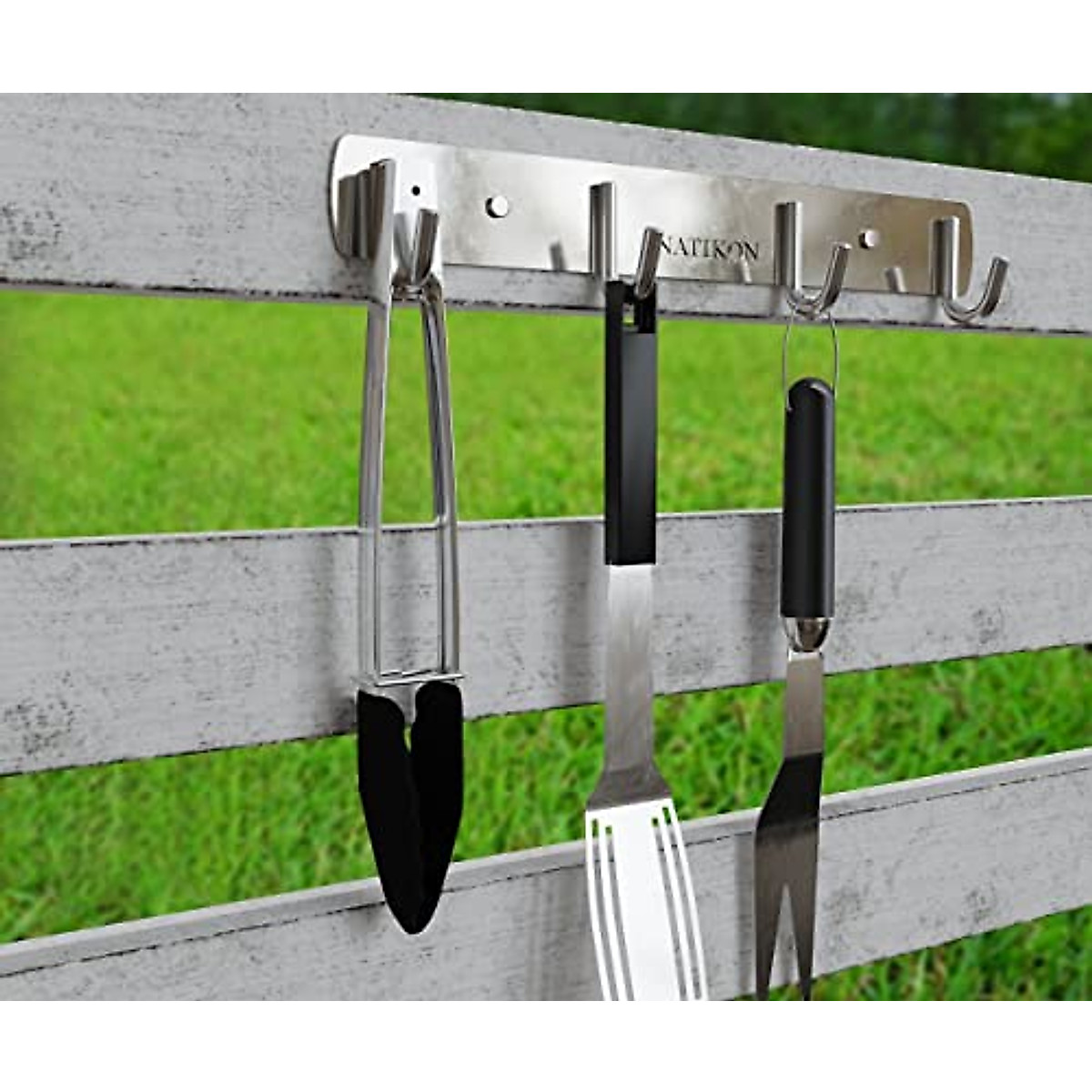 NATIKON Heavy Duty Stainless Steel Rack Hanger Hook for BBQ Grill Utensils and Grill Accessories - Easy to Install for Indoor or Outdoor Use - 2 Pcs