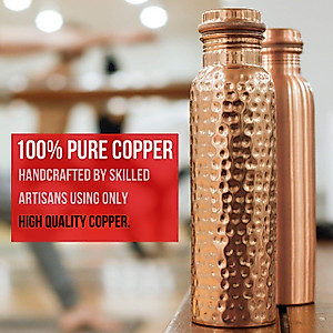 Otiem Copper Water Bottle 2 Pack I Copper Bottle Bundle I 1 Sleek Copper Water Bottle for Drinking plus 1 Hammered Copper Water Bottle Ayurvedic I Extra Large 32oz Copper Vessel for Drinking Water