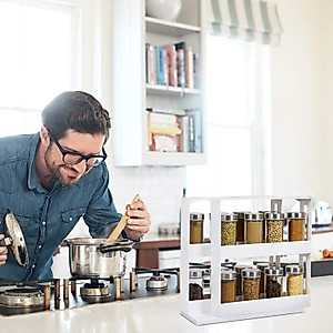 Rotating Spice Rack Plastic Seasoning Spice Jar Rack Storage 2 Tier Pull Out Kitchen Cabinet Organiser Slide Salt Bottle Box Holder Shelf Counter Spice Stand Multi-Function Pantry Door Storage - White