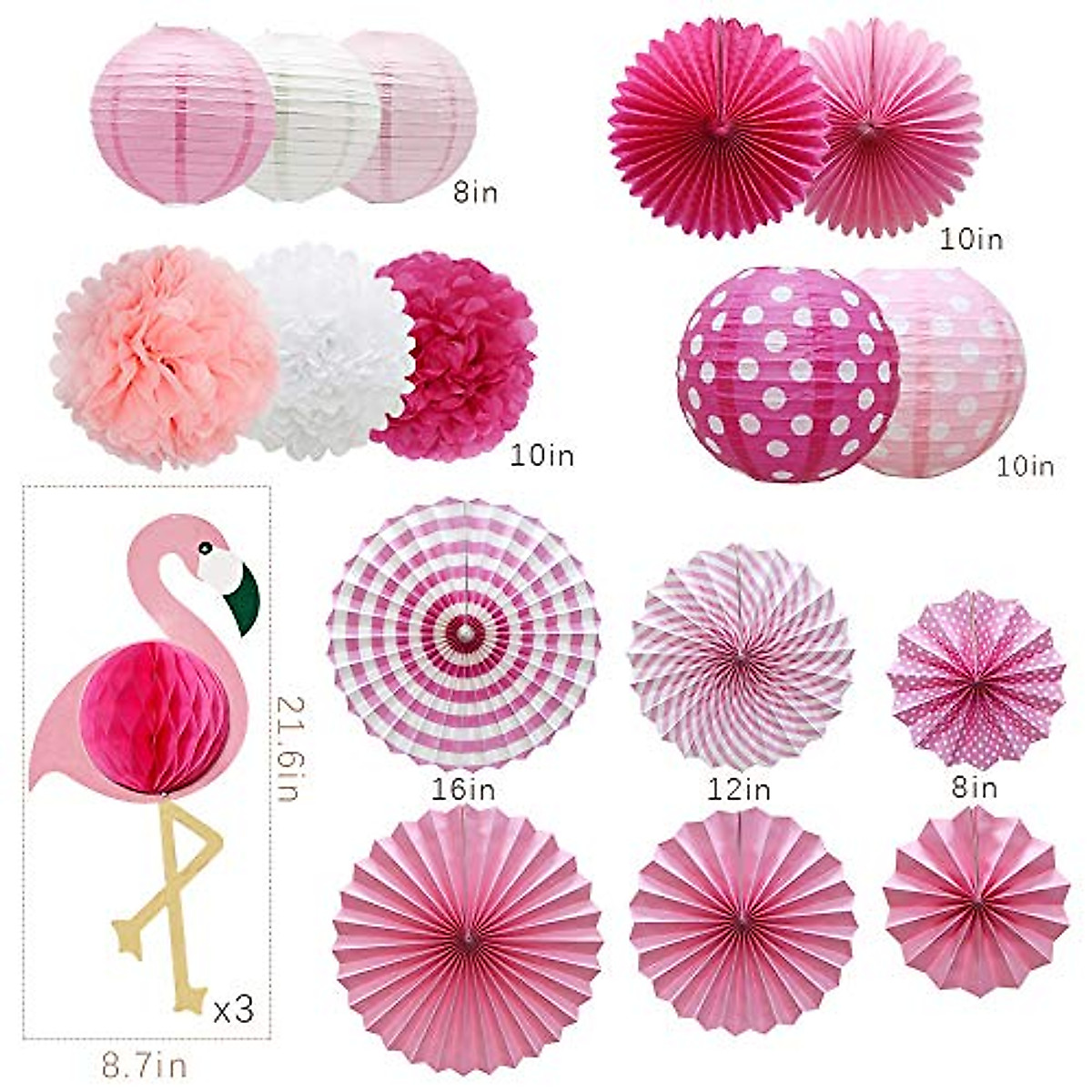 Meiduo Tropical Flamingo Party Honeycomb Decoration, Hawaiian Summer Party Supplies for Adults Kids Birthday Bridal Shower with Flamingo Paper Fans Pom Poms Flowers Paper Lanterns (Pink)