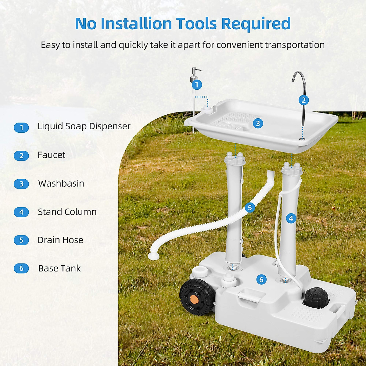 YITAHOME Portable Camping Sink with Rolling Wheels, Hand Washing Station with 30 L Water Capacity, Soap Dispenser, Towel Holder, Ideal for Outdoor, Travel, Boat, Gather, Wedding, Worksite, White