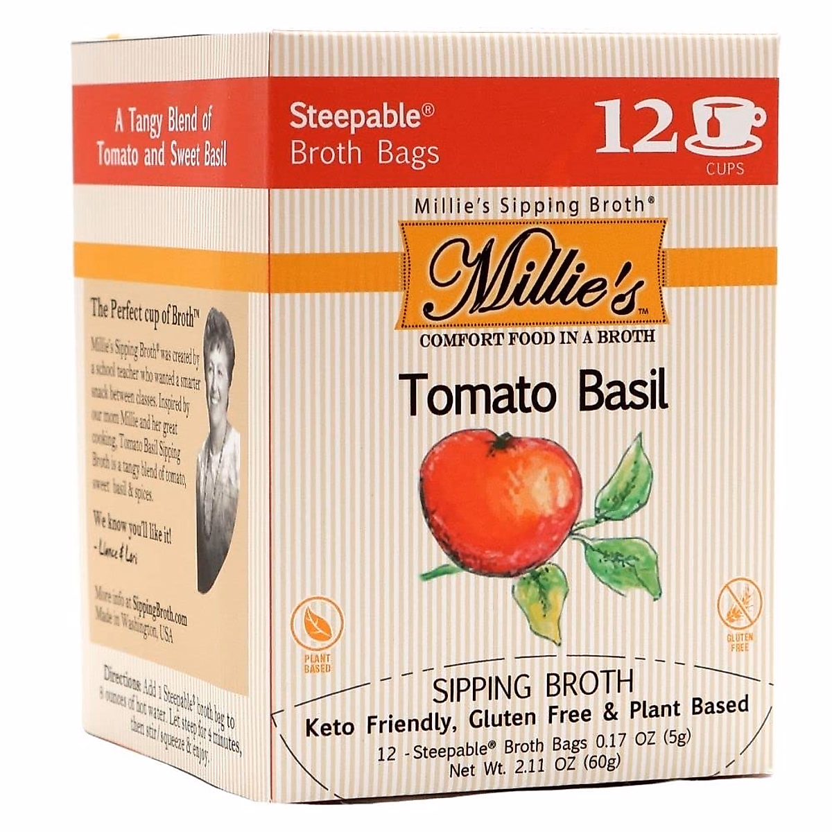 Millie’s Sipping Broth - Vegetable Broth -Natural-Gluten Free-Keto Friendly Tomato Basil 12 Count Box
