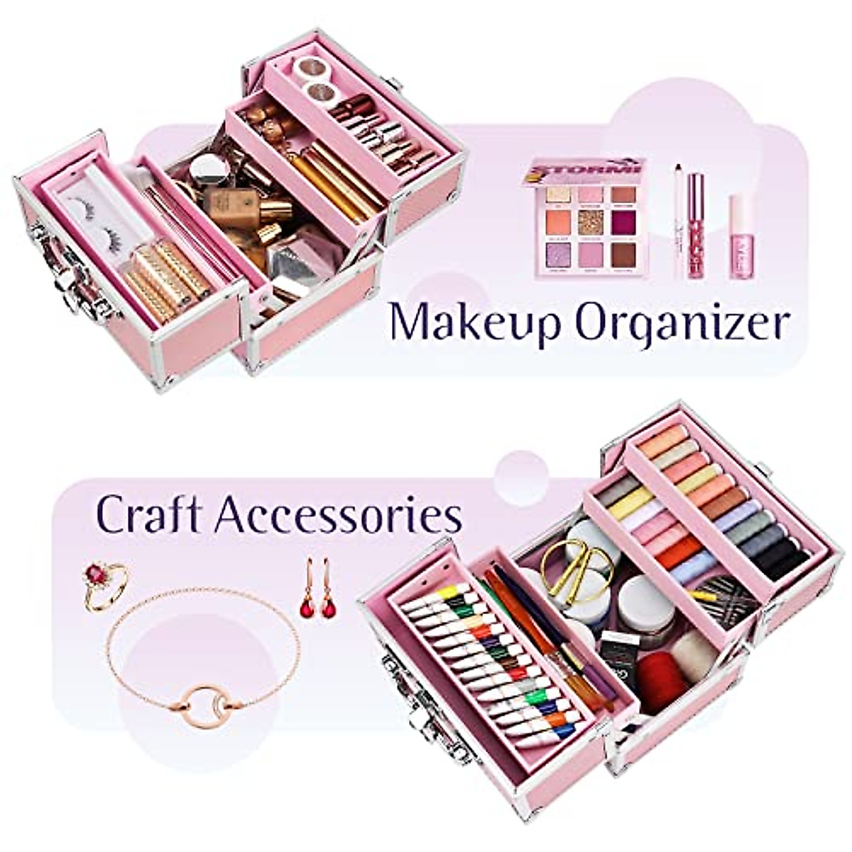 FRENESSA Makeup Train Case Beauty Cosmetic Box 4 Tier Trays Jewelry Storage Organizer with Lockable Pink Lining Perfect for Women and Girls - Mermaid Pink