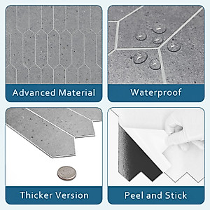 SUNWINGS Backsplash Tile for Kitchen Peel and Stick, Stone Composite Self Adhesive Tiles Faux Marble Pattern Long Hexagon Mosaic Wall Tile for Kitchen, 12 Inch x 11.22 Inch 10 Sheets Grey