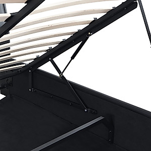 EMKK Lift Up Storage Platform Bed Frame Upholstered Queen Size beds with Upholstered Faux Leather Headboard Wooden Slat Support and Hydraulic Under Bed Storage