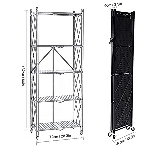 TIOPSUUO 5-Shelf Foldable Storage Shelf Unit on Wheels (No Assembly) Large Capacity Shelving Unit Steel for Kitchen, Garage, Basement, Pantry，Heavy Duty Steel Shelving Organizer Rack