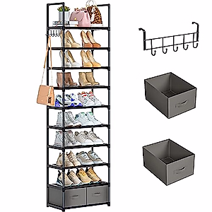 OYREL Sturdy Metal Shoe Rack Organizer,Narrow Shoe Racks for Closets, Shoe Stand,Shoe Shelf (10 Tier with 2 Boxes and 1 Hook)