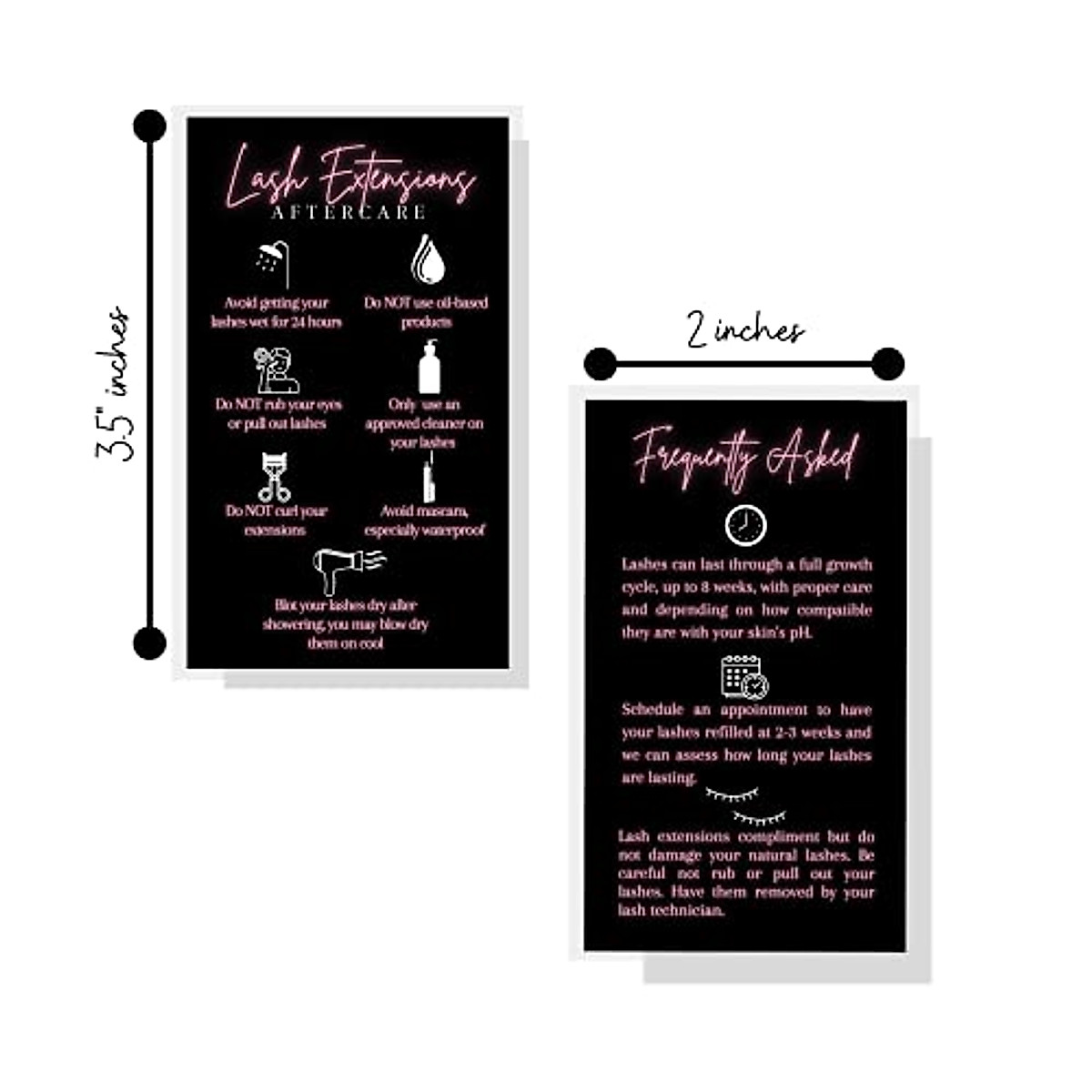 Lash Extension Aftercare Cards | 50 Pack | Eyelash Extension Supplies | 2x3.5" inches Business Card Size | Black with Neon Pink Color Design