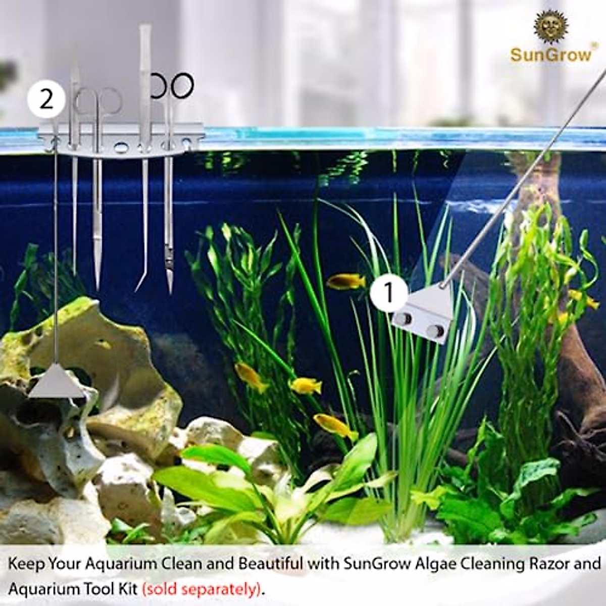 SunGrow Aquarium Glass Cleaner, Long Handheld Tool Cuts Cleaning Time to Half, Keep Hands Dry, Sharp Blade to Remove Thickest Residue, Frequent Tank Maintenance