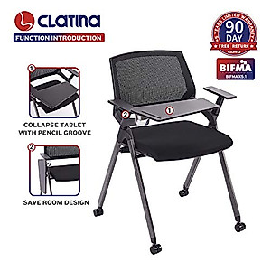 CLATINA Tablet Arm Chair with Caster Wheels Mesh Guest Nesting Stacking for Office School Classroom Training Conference Waiting Room Black