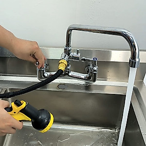 MaxSen Commercial Sink Faucet Wall Mount 8 Inch Adjustable Center with 3/4'' Gargen Hose End,Commercial Kitchen Faucet with 12" Swivel Spout fit for 1,2,3 Restraurant Compartment Sink.