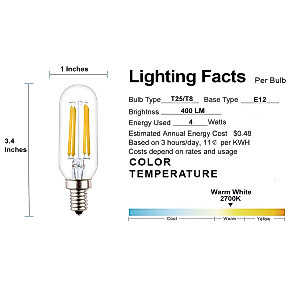 OPALRAY T8(T25) Mini Tube LED Bulb, 4W Dimmable, 400Lm 40W Incandescent Equivalent, Candelabra Bulb E12 Base, 2700K Warm White Soft Lighting, Clear Glass Small Tubular Tip, Pack of 5