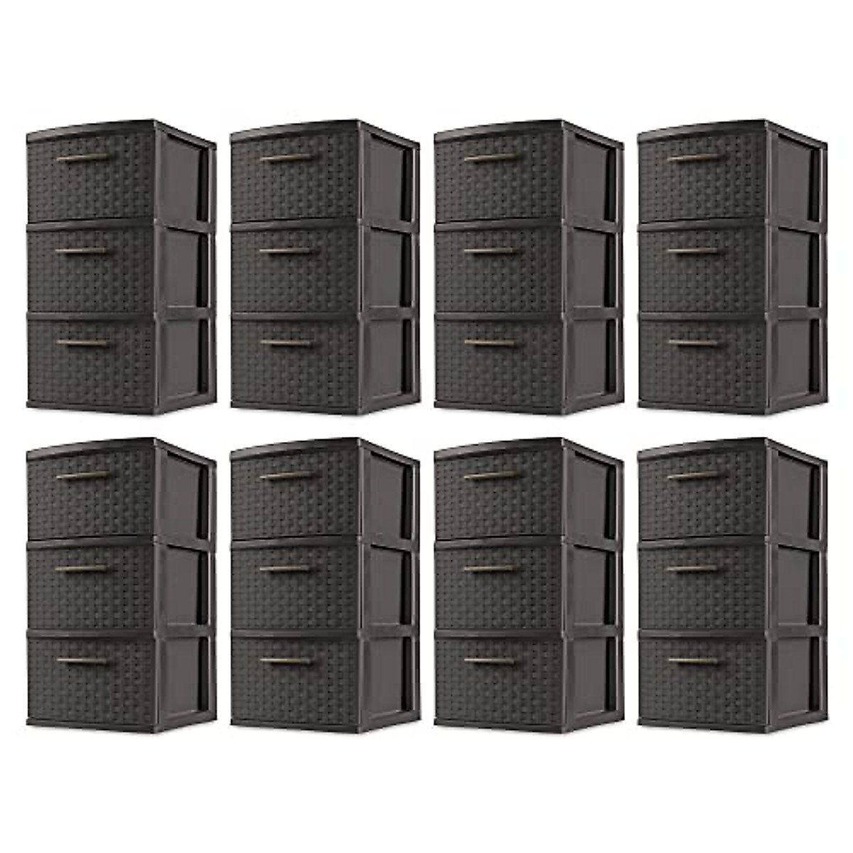 Sterilite 3 Drawer Wicker Weave Decorative Storage Organization Container Cabinet Tower with Driftwood Handles, Espresso (8 Pack)