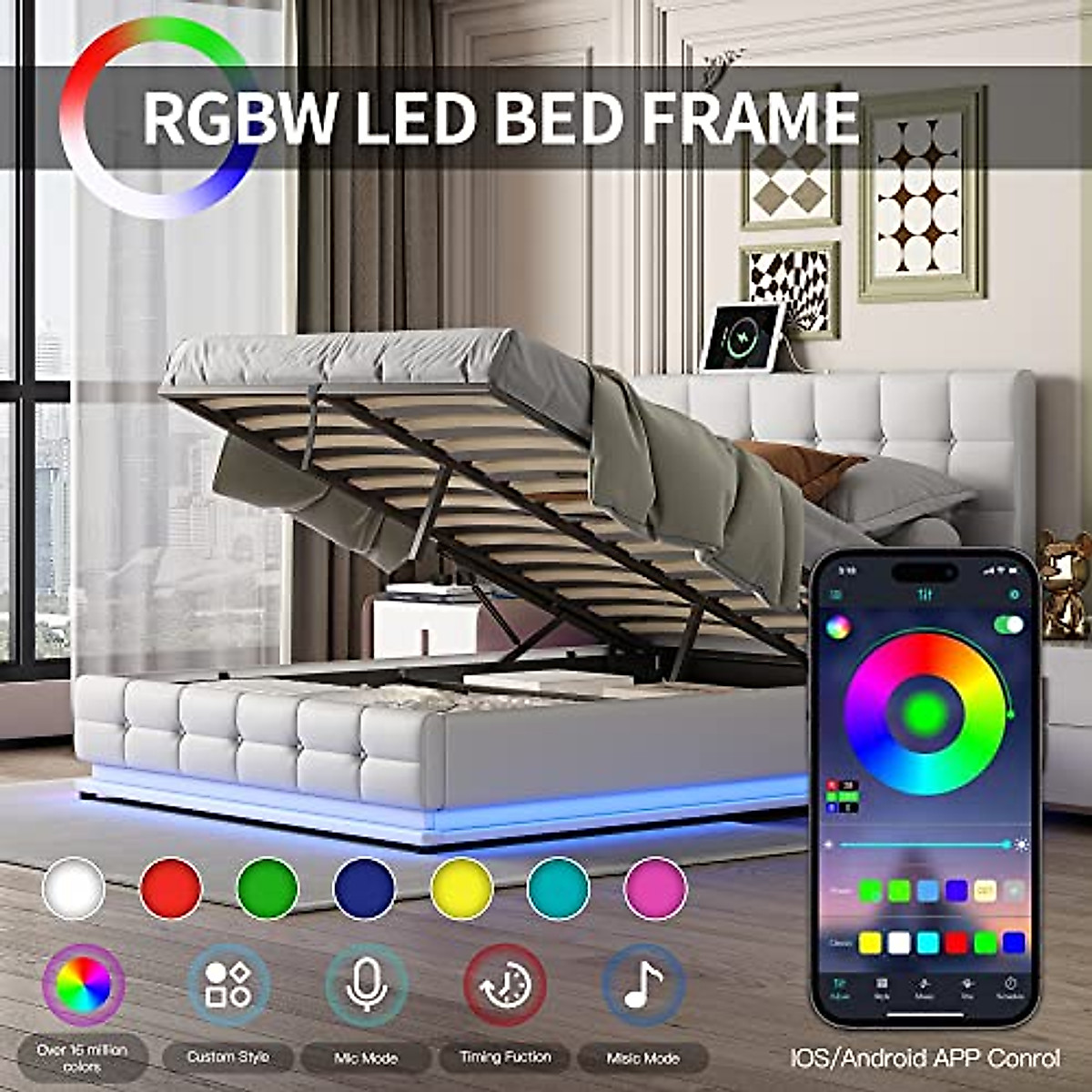 Bellemave Queen Lift Storage Bed with LED Lights and USB Charger, PU Upholstered Queen Platform Bed with Hydraulic Storage System for Kids Teens and Adults, No Box Spring Needed (Queen, White)