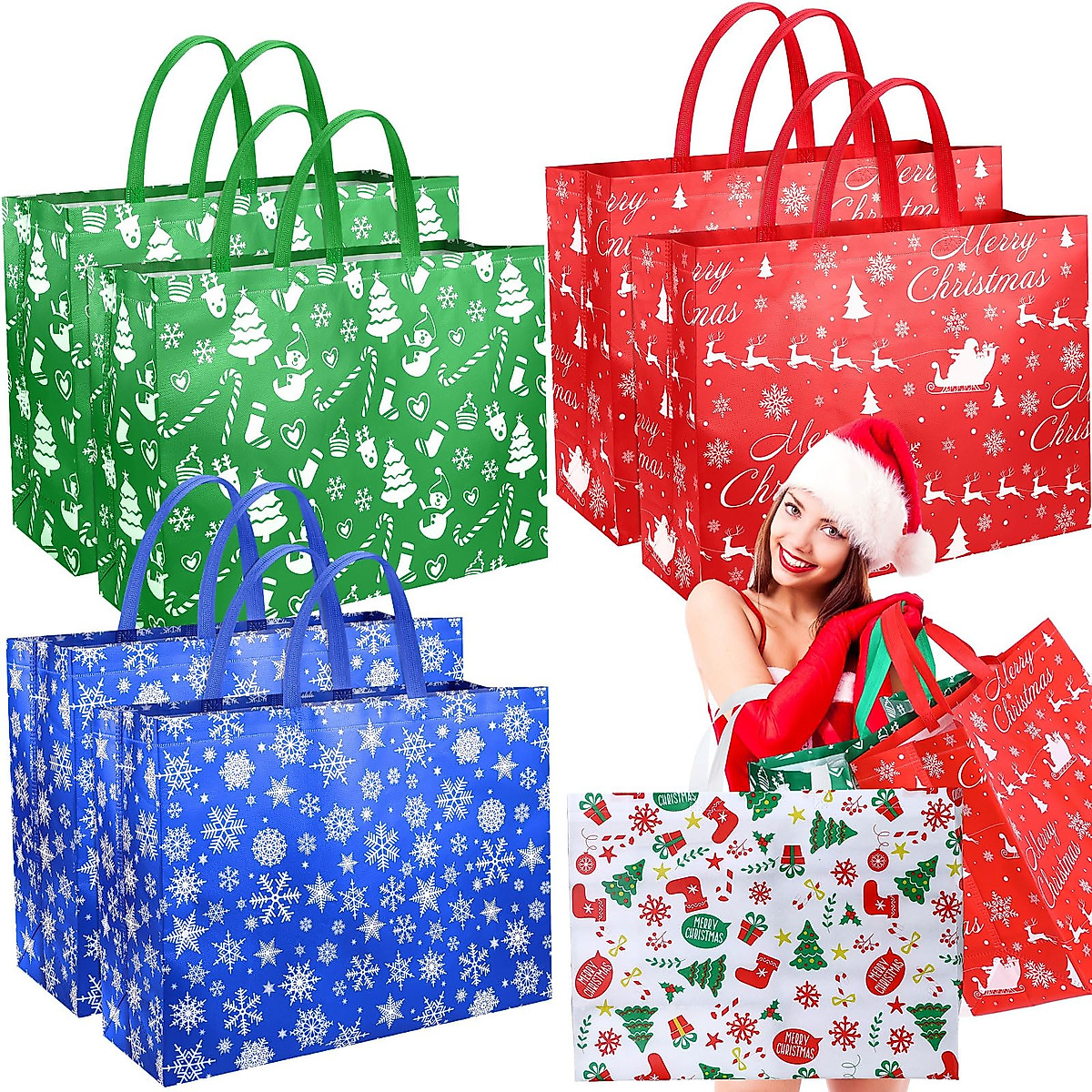 Wesnoy 36 Pcs Extra Large Christmas Gift Bags Giant Tote Bags with Handles 19.69 x 7.09 x 14.96 Inches Reusable Non Woven Jumbo Shopping Bags Xmas Treat Wrapping Bags Party Supplies (Deer)