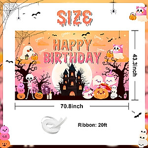 Lecheme Pink Halloween Birthday Backdrop Happy Birthday Halloween Banner Cute Halloween Backdrop for Girls Birthday Halloween Birthday Party Decorations