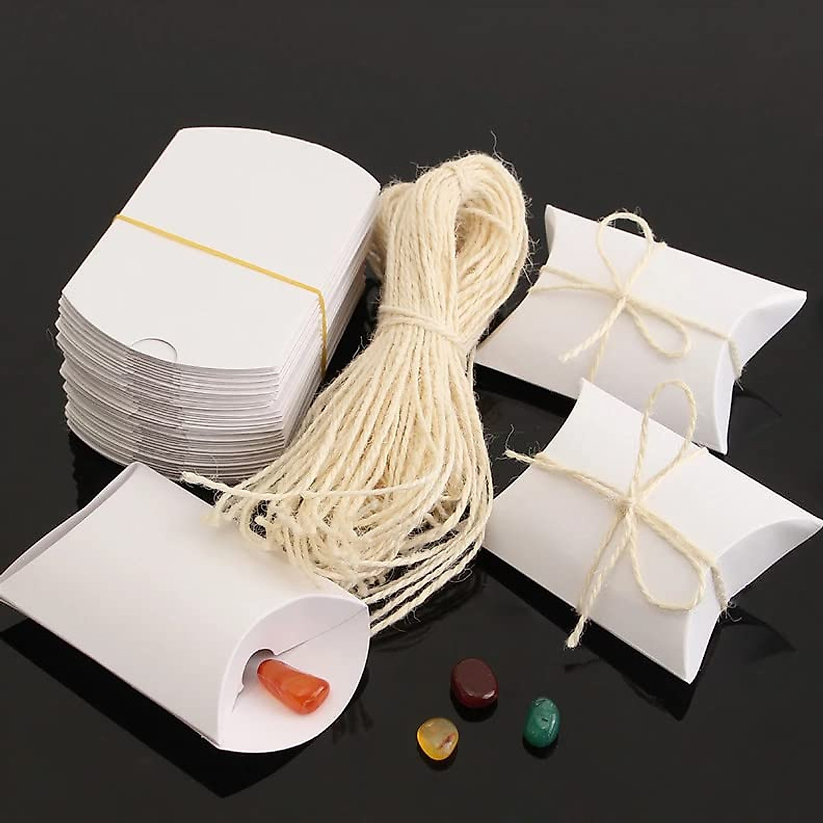 AKOAK Kraft Paper Pillow Box, Candy Favor Gift Boxes for Wedding Birthday and Christmas,Pack of 50 with 50 Pcs Jute Twines (White)