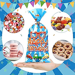 100 Pcs Birthday Party Cellophane Treat Bags English Teacher Party Bags Plastic Candy Goodie Bags Birthday Favors Gift Bags with 100 Pcs Twist Ties for Kid Blue Orange Themed Party Decoration Supplie