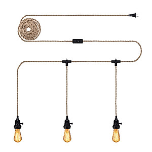 Rope Pendant Light Cord Kit with Plug & Switch - Triple Sockets, 29 FT, Vintage (Bulb not Included )