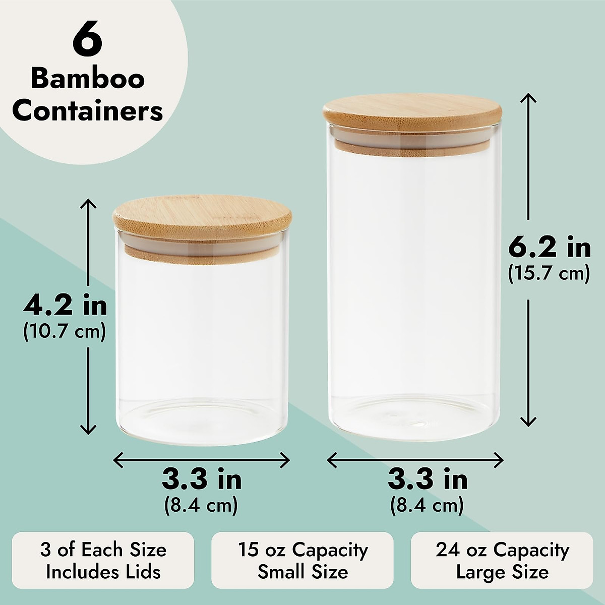 Juvale 6 Piece Set of Bamboo Storage Containers with Lids for Pasta, Cookies, Nuts, 15 oz and 24 oz Glass Jars for Kitchen Pantry (2 Sizes)