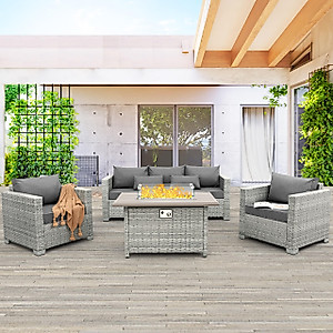 WAROOM Outdoor Patio Furniture Set 4 Piece Wicker Furniture Patio Conversation Sets PE Rattan Patio Chairs Couch Sectional Sofa with Fire Pit Table, Grey Cushion