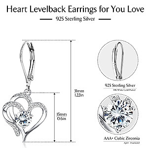 Milacolato 925 Sterling Silver Heart Dangle Earrings 14K White Gold Plated April Birthstone Earrings Sweet Love Heart Leverback Earrings Drop Dangle Hoop Earrings for Women April