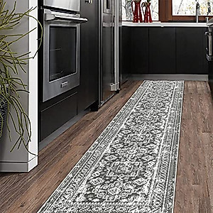 Pauwer Hallway Runner Rug 10Ft, Non-Slip & Non-Shedding, Traditional Vintage Carpet Runner, Faux Wool Soft Fuzzy Rug, Washable Low-Pile Floor Carpet for Kitchen Living Bathroom (Grey,1.7x10Ft)