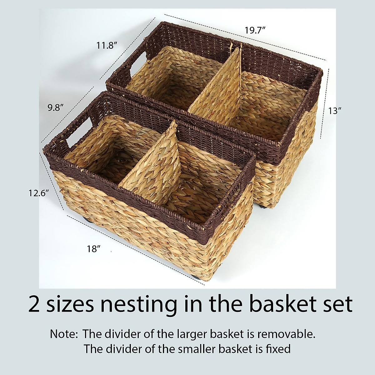 PEMAR Set 2 (different sizes nesting in a set) Natural Wicker Rolling Storage Baskets on Wheels w Insert Handle, Under Table Under Desk Storage Bins, Mobile File Cabinet Organiser. Water Hyacinth