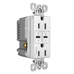 Legrand radiant R26USBPDW 15 Amp Tamper-Resistant Decorator Duplex Receptacle Outlet with Ultra Fast USB C/C 6.0A Charging Ports PLUS 30W Power Delivery, White (1 Count)