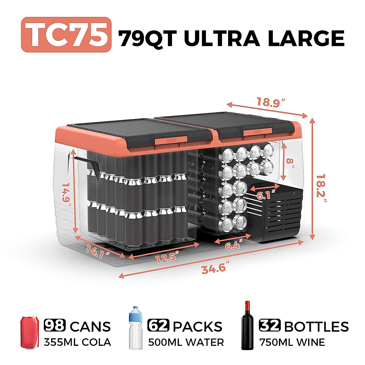 Setpower TC75 Portable Fridge Freezer with DC Converter,80QT Dual Zone Portable refrigerator for Car,12-volt Refrigerator, Electric Cooler,Car Freezer for Outdoor Camping Overlanding Truck RV SUV Van