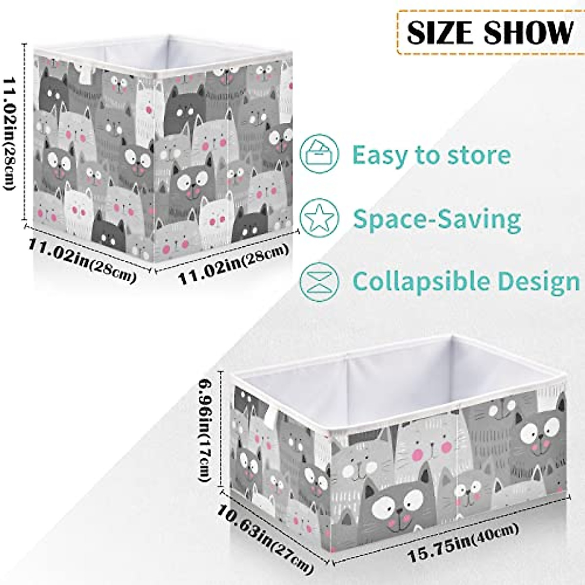 visesunny Rectangular Shelf Basket Cat Animal Clothing Storage Bins Closet Bin with Handles Foldable Rectangle Storage Baskets Fabric Containers Boxes for Clothes,Books,Toys,Shelves,Gifts