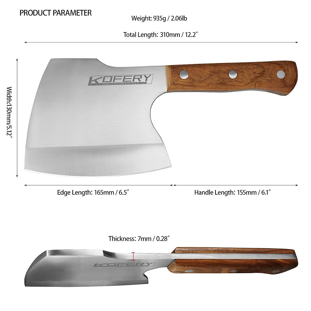 KOFERY Hand Forged Meat Cleaver - Heavy Duty Bone Chopper Axe Knife with Wood Handle, Full Tang Chopping Knife for Kitchen, Camping, BBQ & Outdoor