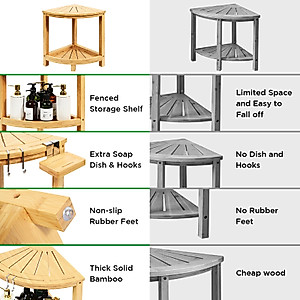 Ollieroo 2-Tier Bamboo Corner Shower Stool for Shaving Legs, Waterproof Shower Bench with Storage Shelf and Soap Dish, Shower Chair for Inside Shower, Non-Slip Shower Foot Rest(Natual)