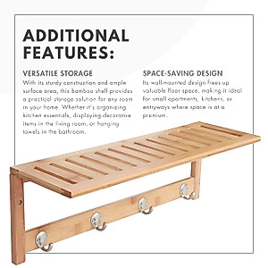 ToiletTree Products 100% Bamboo Wooden Natural Shelf with 4 Stainless Steel Hooks