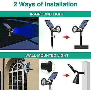 T-SUNUS Blue Solar Spotlights, IP65 Waterproof 4 LED Solar Lights, Auto-on/Off Security Landscape Light 180° Angle Adjustable Wall Light for Tree,Patio,Yard,Garden,Driveway,Pool Area (2 Pack)
