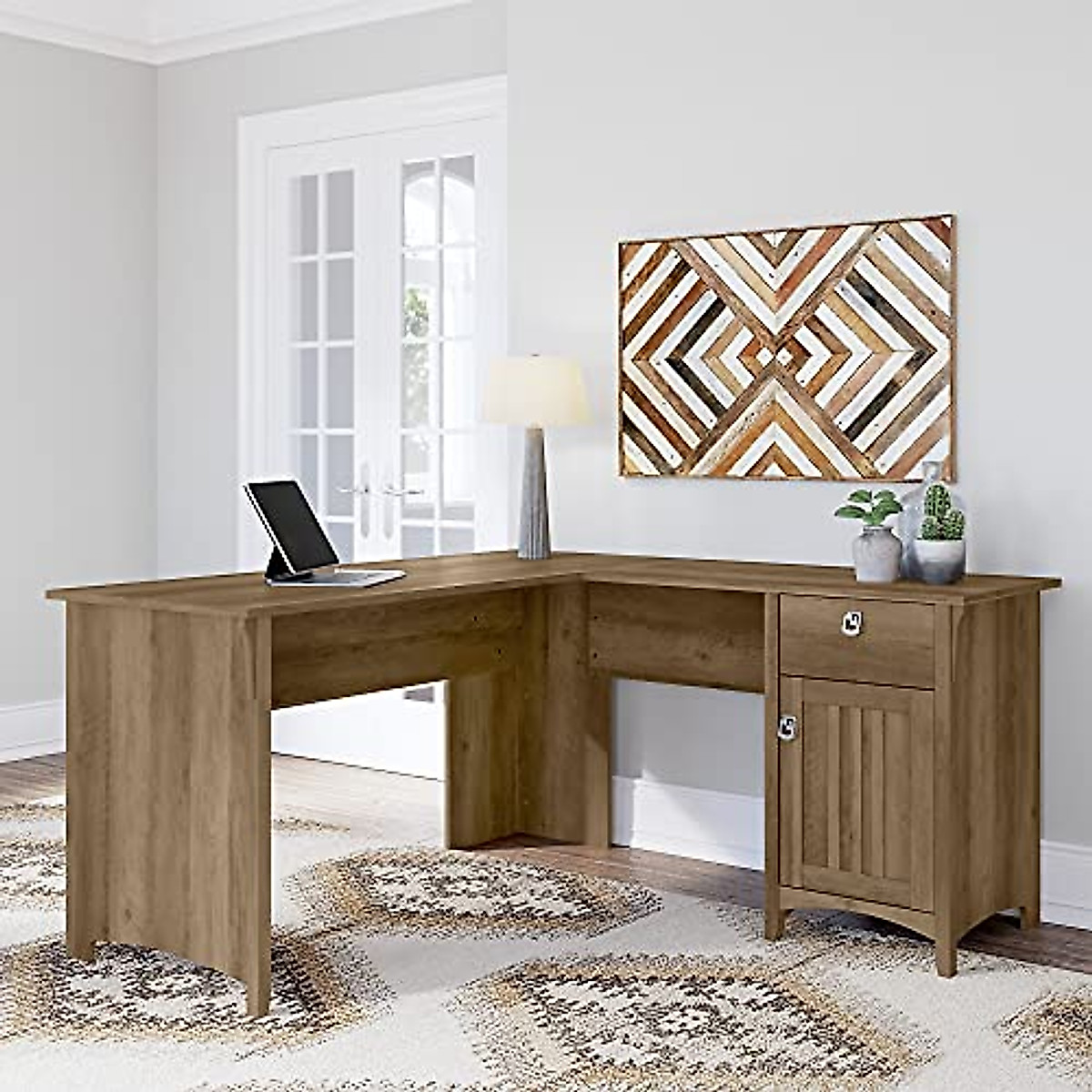 Bush Furniture Salinas L-Shaped Storage | Study Table with Drawers & Cabinets | Home Office Computer Desk, 60W, Reclaimed Pine