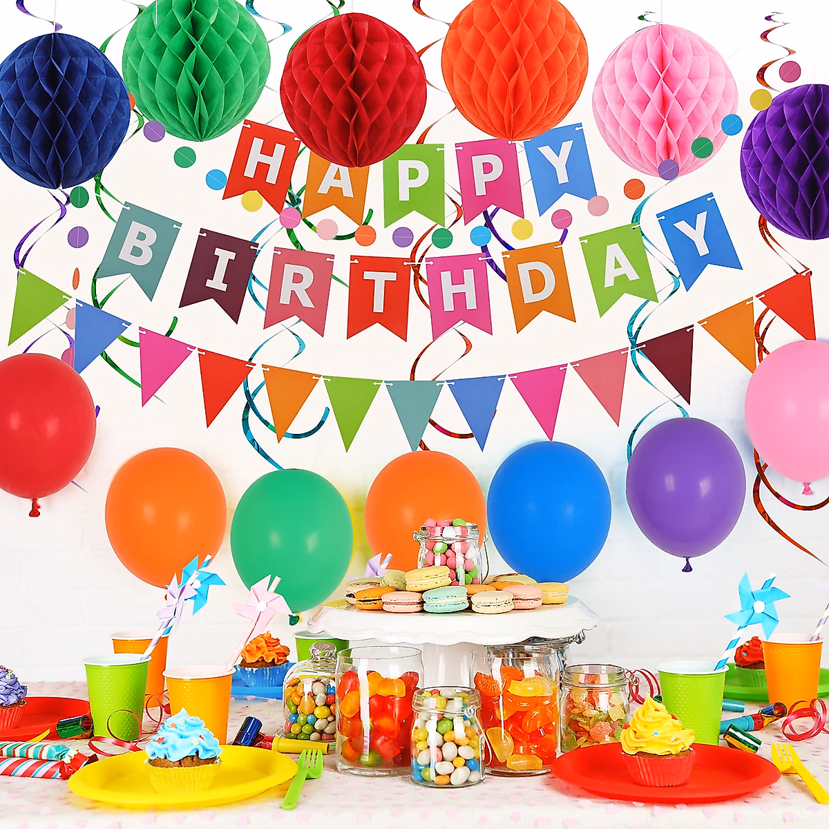 RUBFAC Rainbow Birthday Decorations, Happy Birthday Banner, 6 Honeycomb Balls, 8 Metallic Hanging Swirls, Circle Paper Garland and 30 Balloons