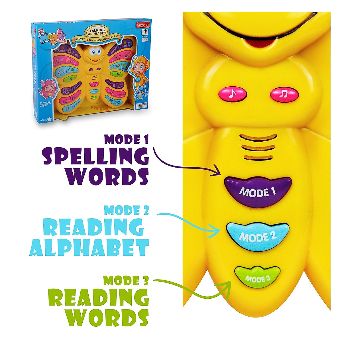 Preschool ABC Learning Toy, Interactive Educational Butterfly Toy for Toddlers, Animal Sounds & Music, Early Development See and Say Baby Toys for 3 Year Old Boys & Girls