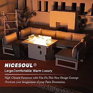 NICESOUL® Aluminum Patio Furniture Set with Fire Pit Table 43" Propane Gas Convertable CSA Approved Outdoor Luxury Conversation Sofa Set with Firepit White Color