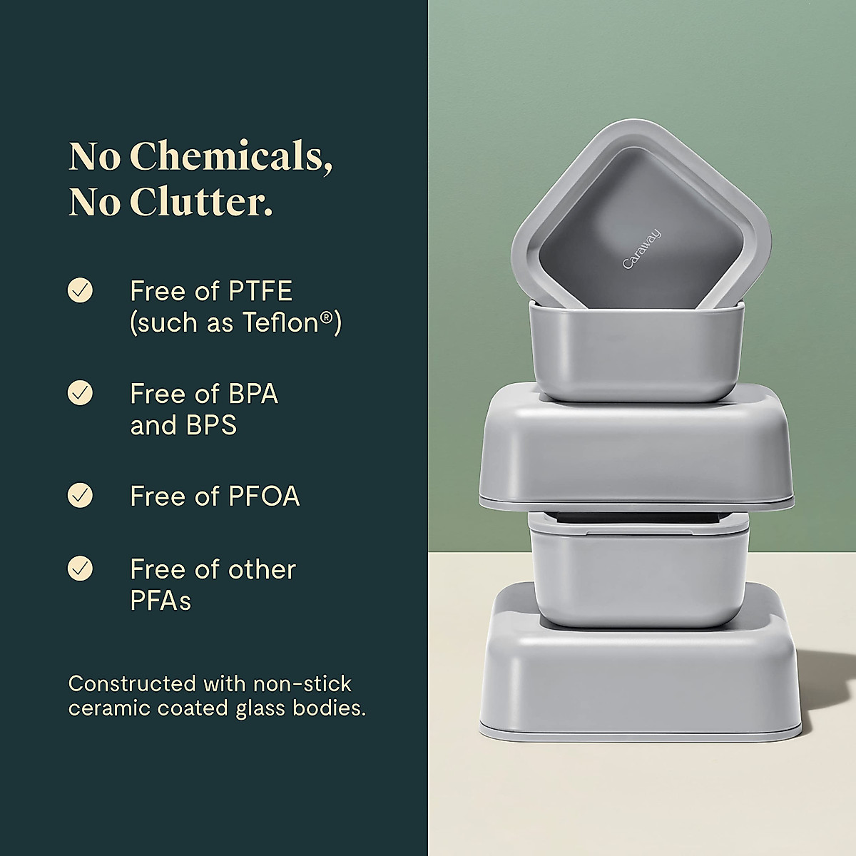 Caraway Glass Food Storage, 6.6 Cup Glass Container,Ceramic Coated Food Container,Easy to Store, Non Toxic, Non Stick Lunch Box Container with Glass Lids. Dishwasher, Oven,Square Shape,Gray