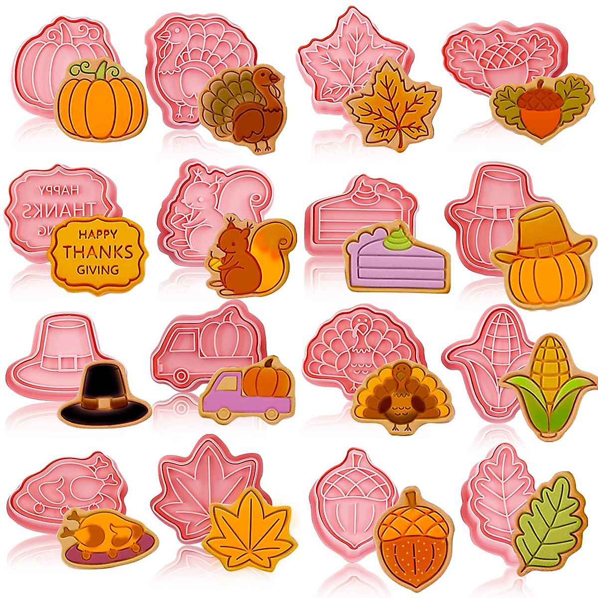 16 Pieces Fall Thanksgiving Cookie Cutters with Plunger Stamps Set Fall Biscuit Mold Maple Leaf Turkey Pumpkin 3D Cookie Stamper Plastic DIY Cookie Tools for Thanksgiving Day Baking Fondant Supplies