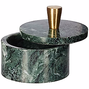 Queenza Green Marble Salt Cellar with Lid and Brass Knob, 3 Inch Salt Box
