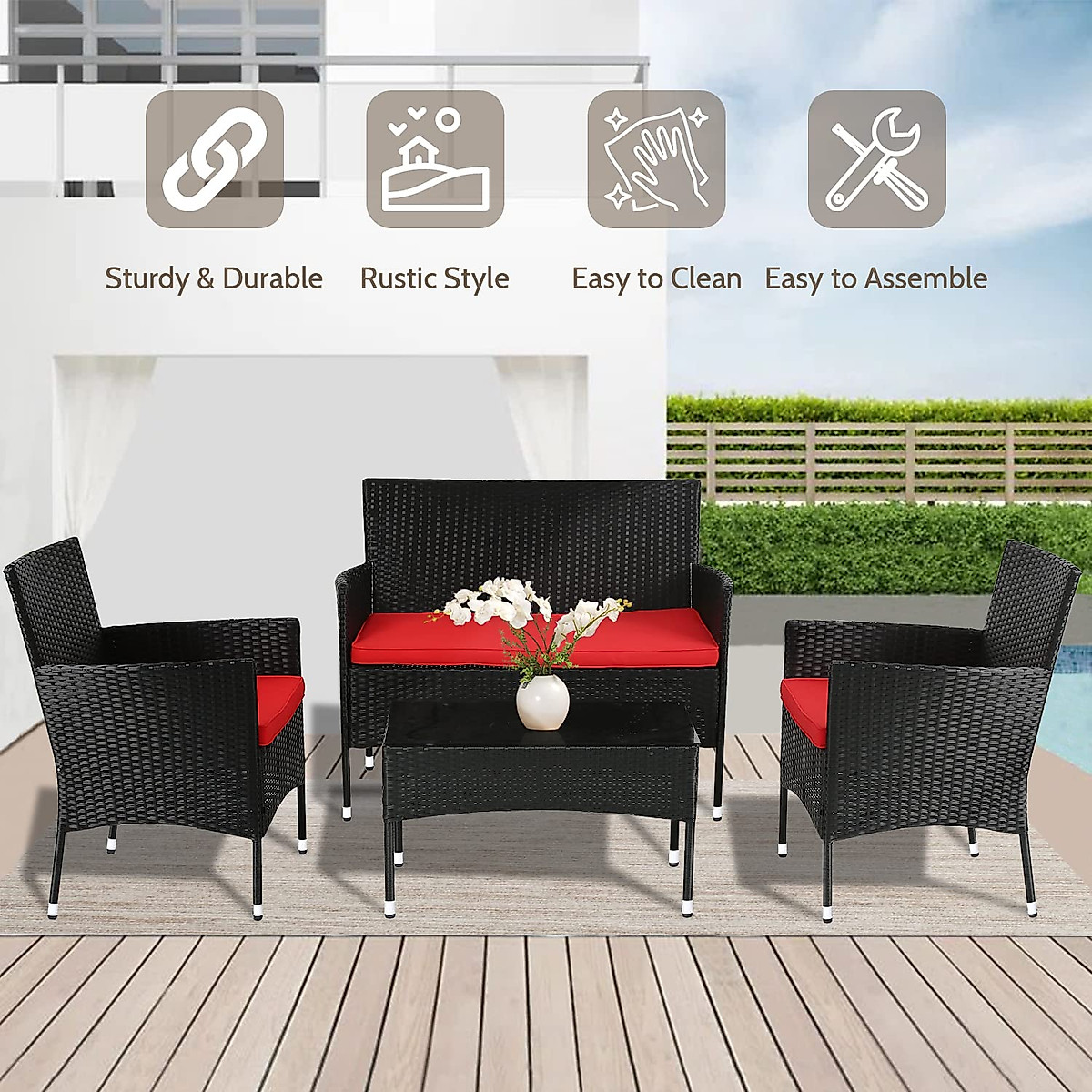 FDW Patio Furniture Set 4 Pieces Outdoor Furniture Wicker Patio Chair Rattan Patio Furniture Patio Conversation Set for Outdoor Indoor Use with Loveseats Coffee Table,Red Cushion